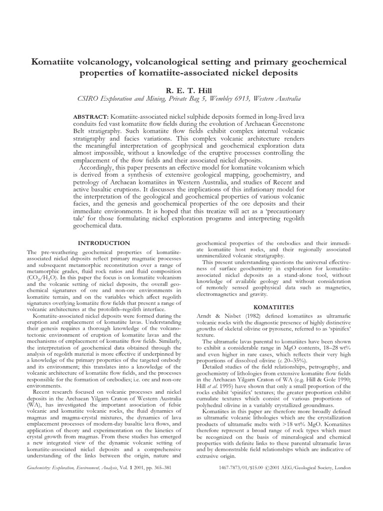 Komatiite Volcanology - Hill 2001 | PDF | Lava | Basalt