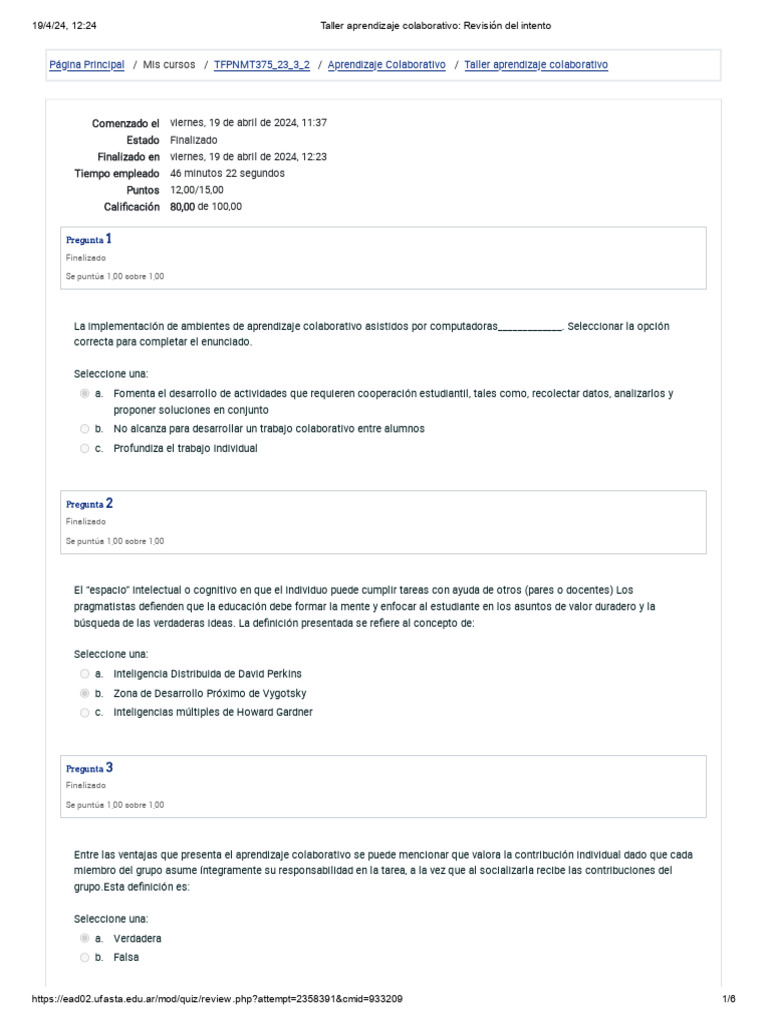 Taller Aprendizaje Colaborativo - Revisión Del Intento 2024 | PDF | Maestros | Aprendizaje