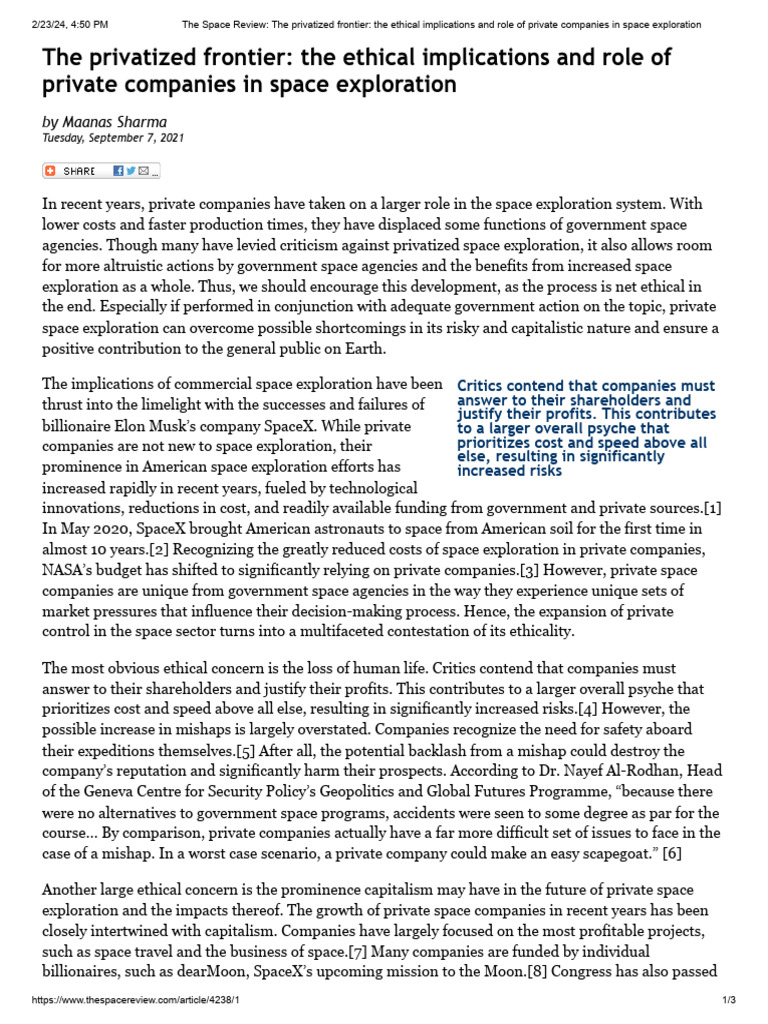 Ethical Role of Private Space Firms | PDF | Space Exploration | Capitalism