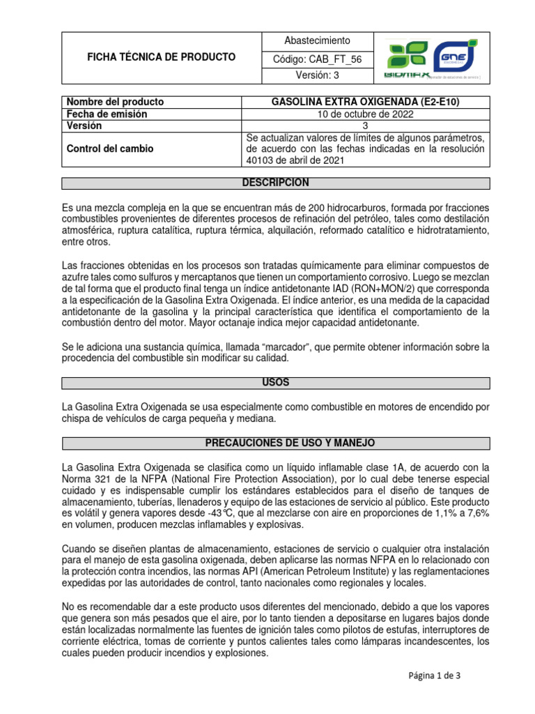 CAB - FT - 56 Ficha Técnica de Producto - Gasolina Extra Oxi 2-10 V3 | PDF | Gasolina ...