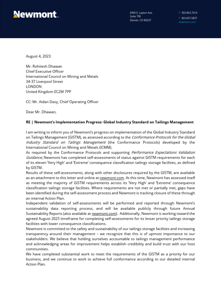 Newmont's Tailings Management Progress | PDF | Life Cycle Assessment | Risk