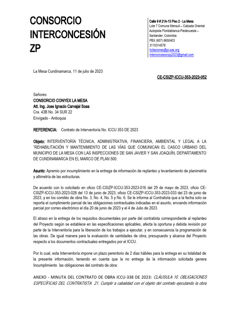 OFICIO CE-CSIZP-ICCU-2023-052 Apremio Por Incumplimiento de Entrega de Replanteo Rev JF | PDF