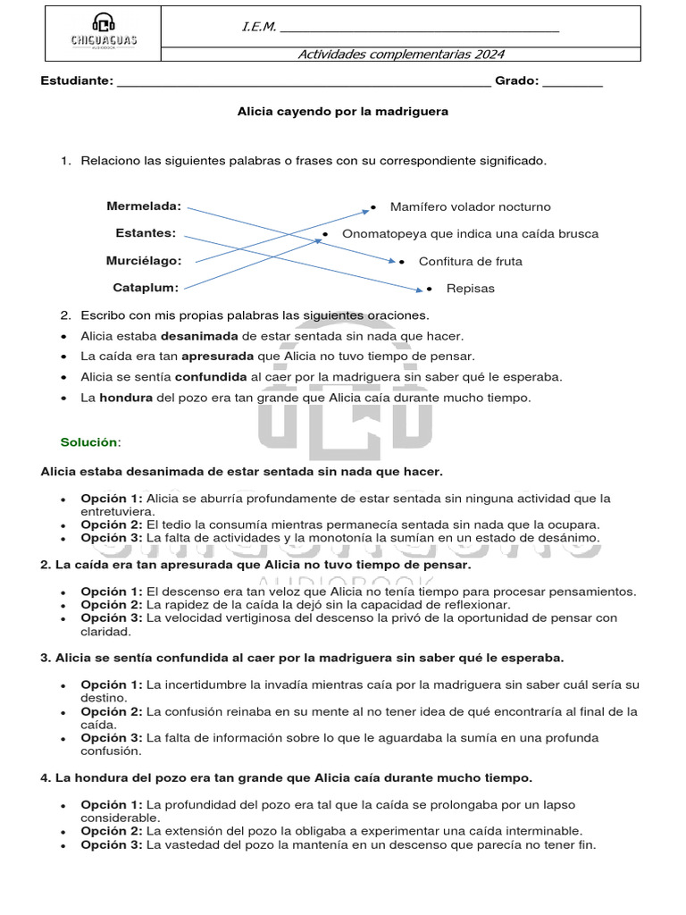 Actividades de Lectura para Estudiantes | PDF | Alicia (Las aventuras ...