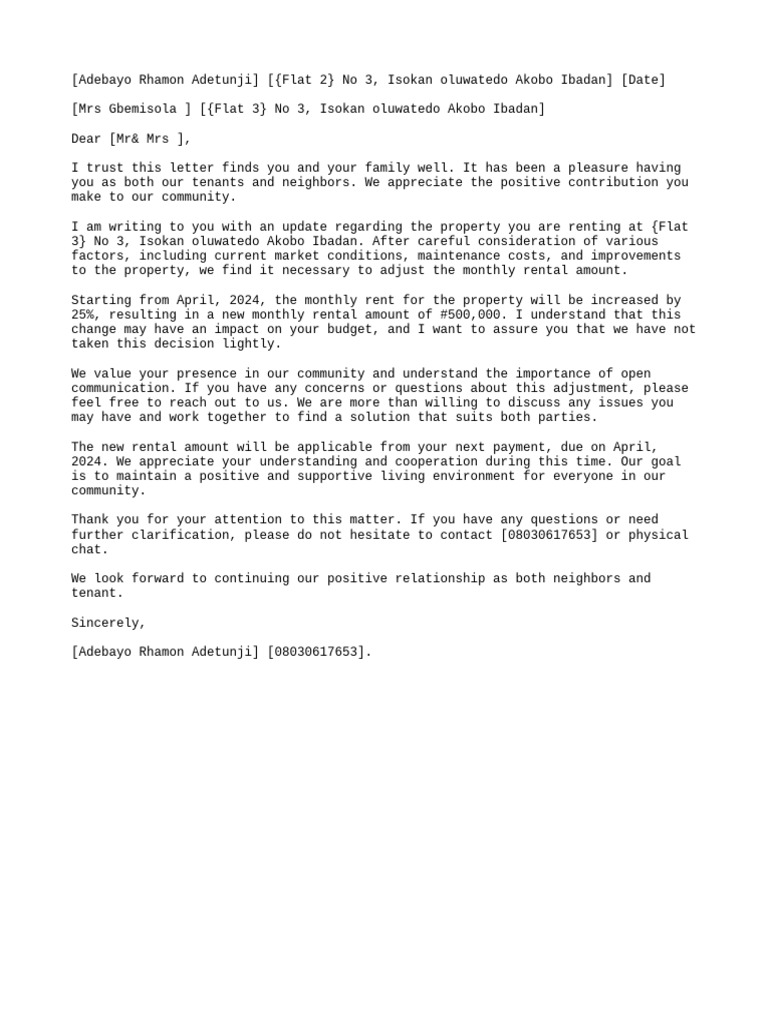 House Rent Increase Letter To Tenant | PDF