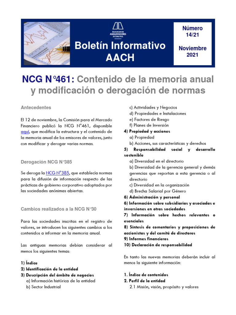 Informativo AACH NÂ°14 NCG NÂ°461 Contenido Memoria Anual 3 | PDF | Bolsa | Reaseguro