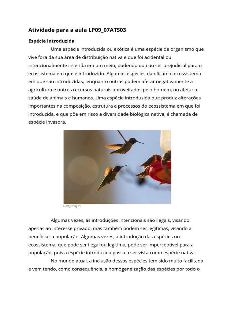Atividade para Impressao lp09 07ats03 | PDF | Espécies introduzidas | Ambiente natural