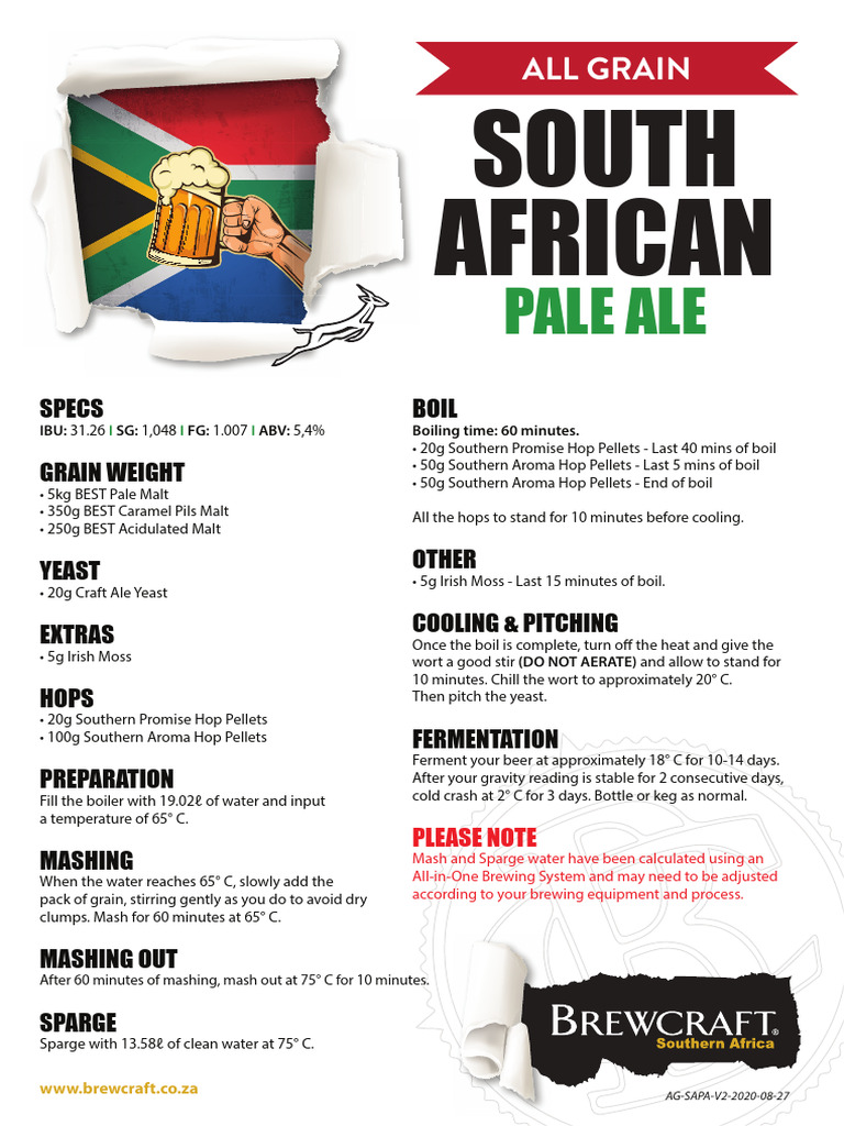 South African Pale Ale - Recipe FA 080850 | PDF | Beer | Brewing
