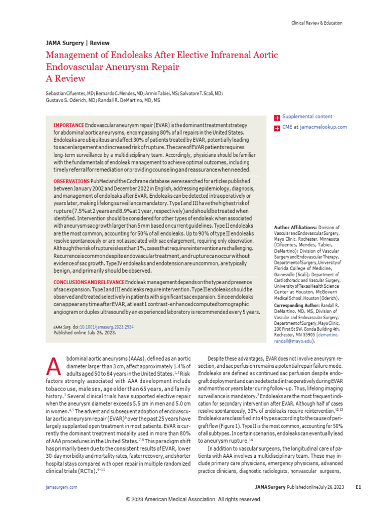 Management of Endoleaks After Elective Infrarenal Aortic Endovascular ...