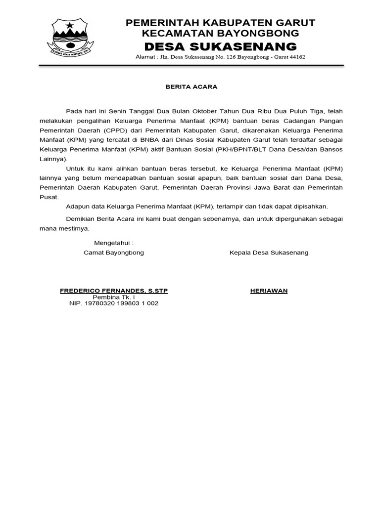 Berita Acara Pergantian KPM Bantuan CPPD | PDF