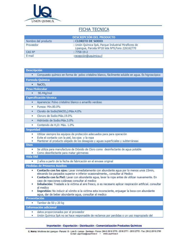 Ficha Técnica: Clorito de Sodio | PDF | Cloro | Agua