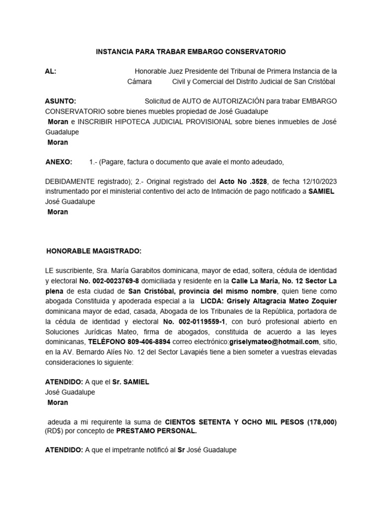 Solicitud de Embargo Conservatorio | PDF | República Dominicana | Ley ...