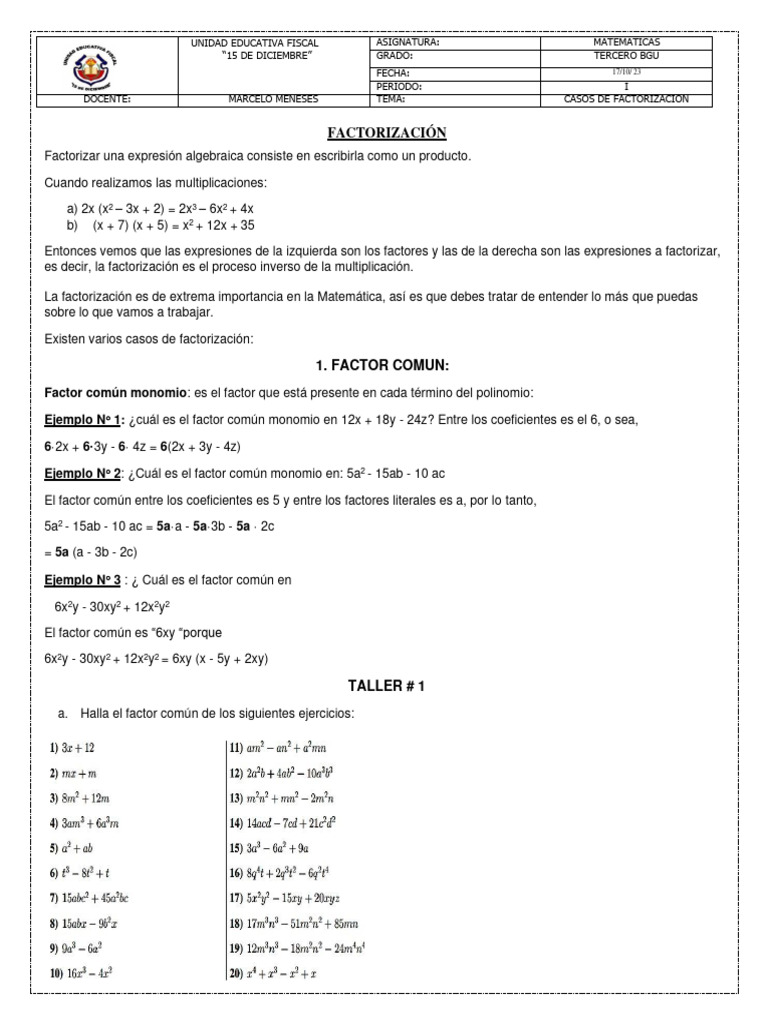 Taller Casos de Factorizacion. | PDF | Factorización | Matemáticas