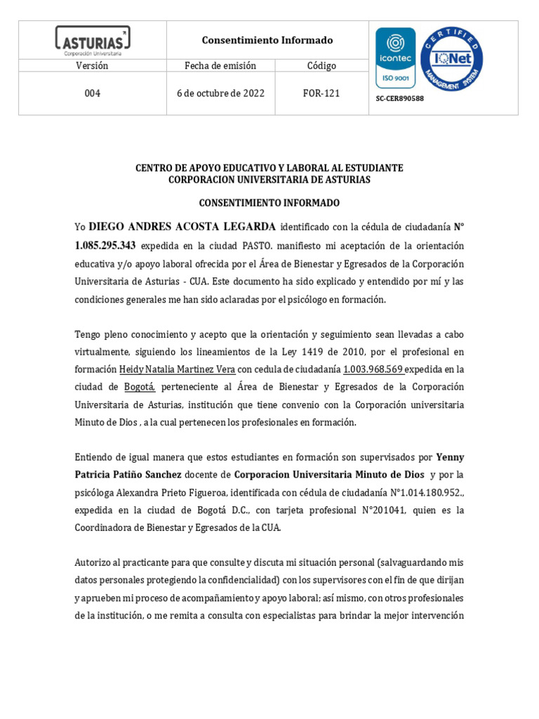 FOR-121 Consentimiento Informado DIEGOACOSTA | PDF | Consentimiento informado | Documento de ...