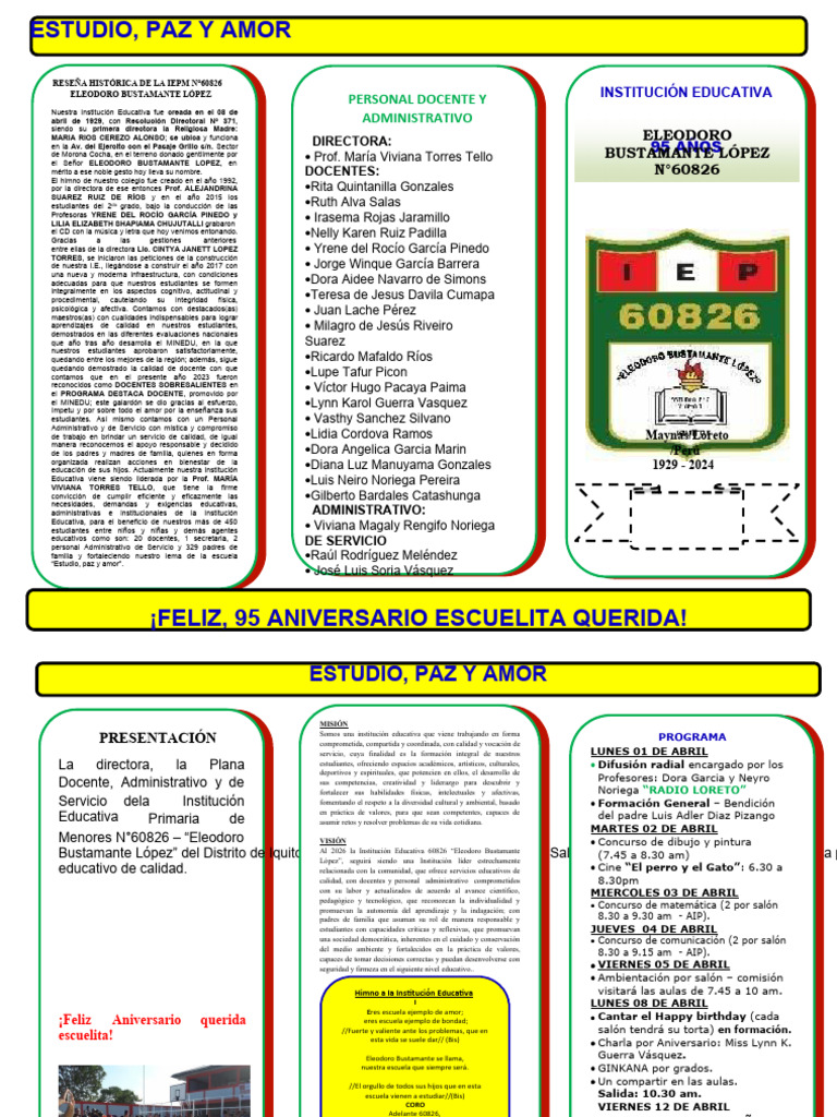 Triptico 2024 Ie Aniversario | PDF | Escuelas | Maestros