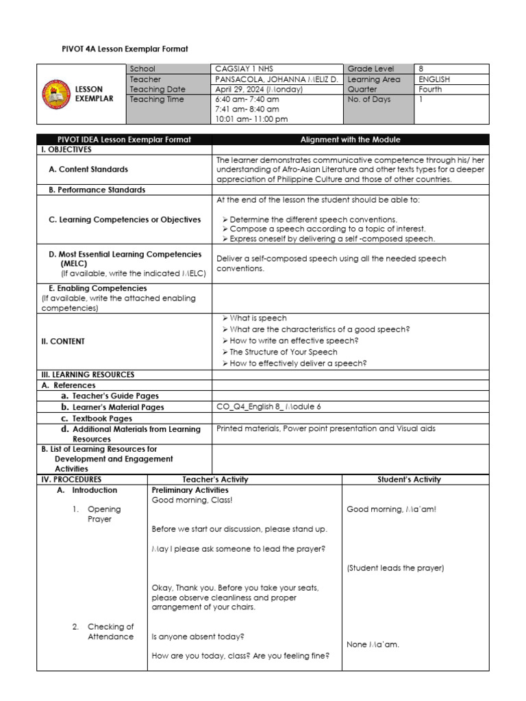 04-29-24 Lesson Exemplar JMP | PDF | Gesture | Speech