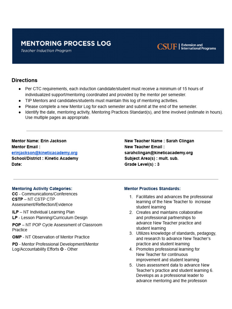 Sarah Clingan - Mentor Log - Spring Final Sem 2024 | PDF | Mentorship ...