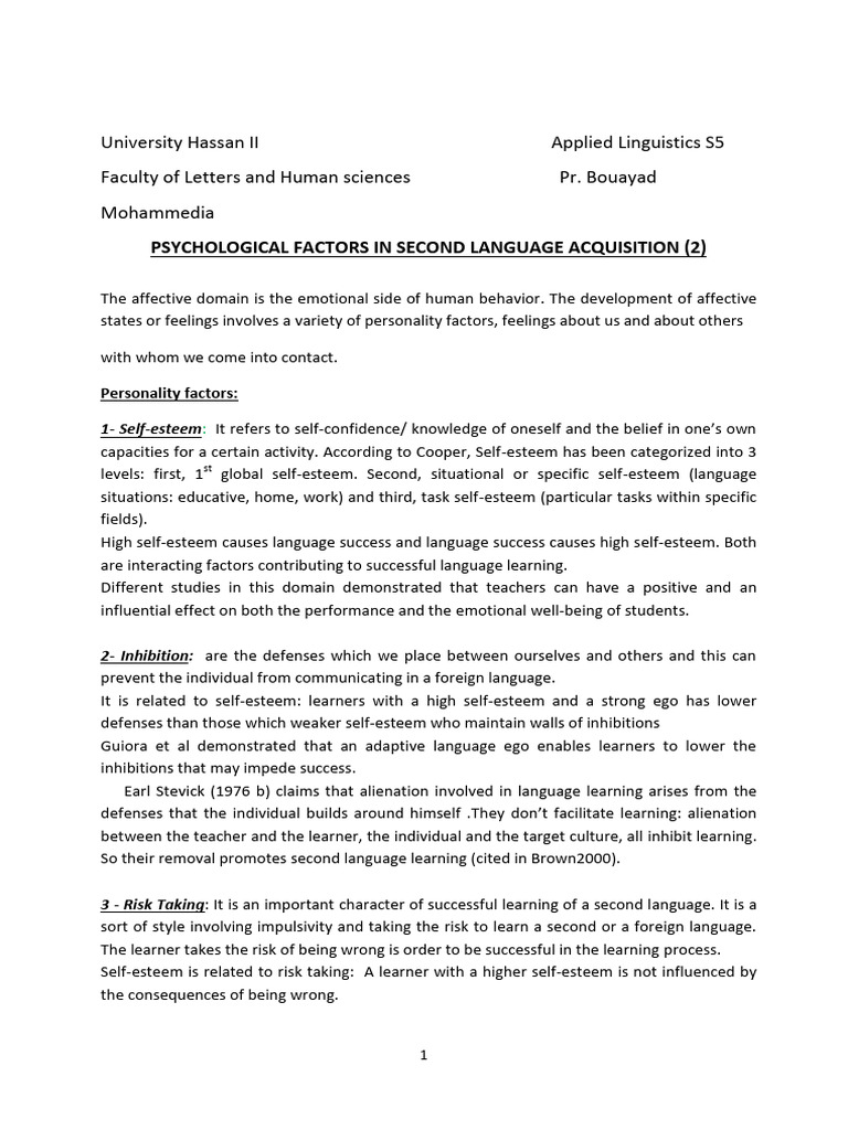 Psychological Factors in Second Language Acquisition PDF | PDF | Second Language Acquisition ...