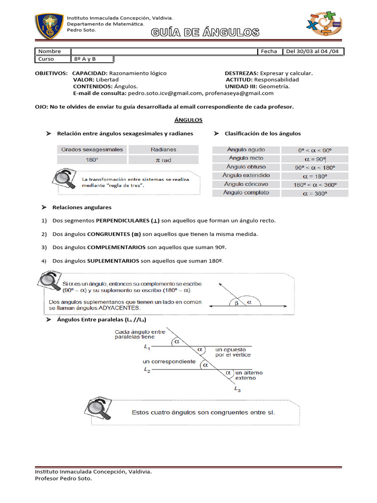Guía de Ángulos para 8º Básico | PDF | Pi | Ángulo
