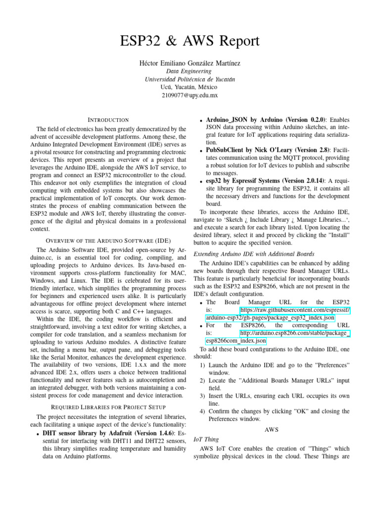 Aws Esp32 | PDF | Internet Of Things | Arduino