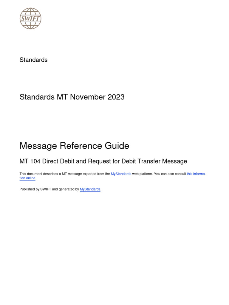 MT 104 Direct Debit Message Guide | PDF | Debit Card | Debits And Credits