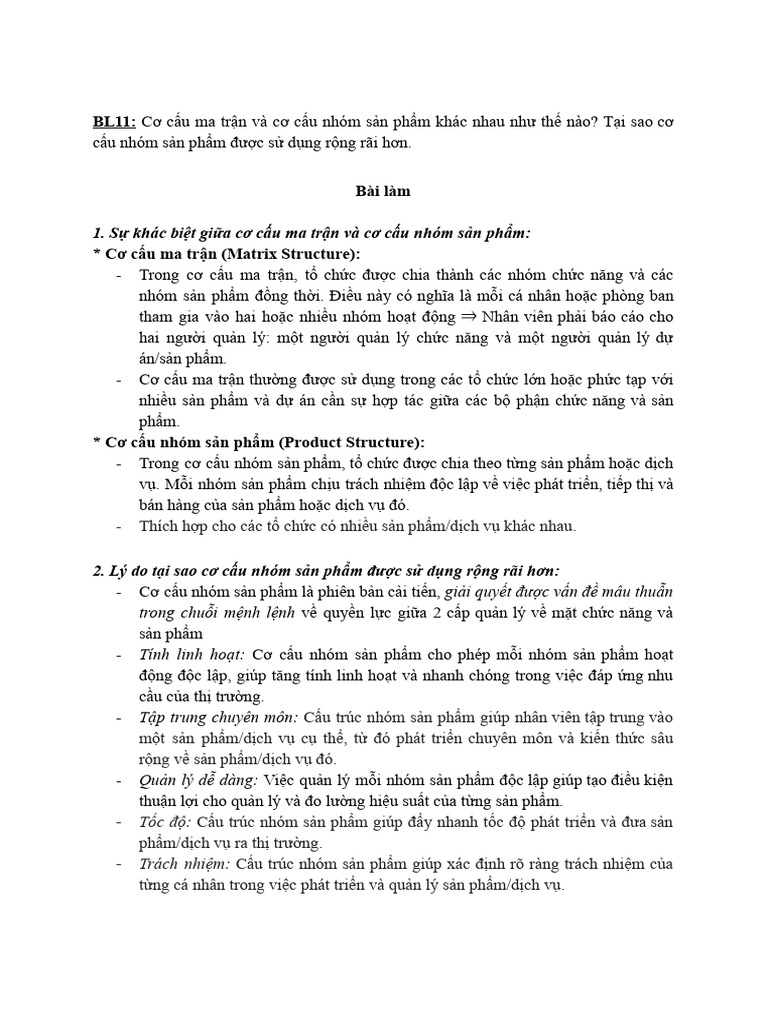 BL11: Cơ cấu ma trận và cơ cấu nhóm sản phẩm khác nhau như thế nào? Tại sao cơ | PDF