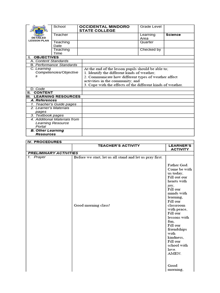 Detailed Lesson Plan | PDF | Weather | Learning