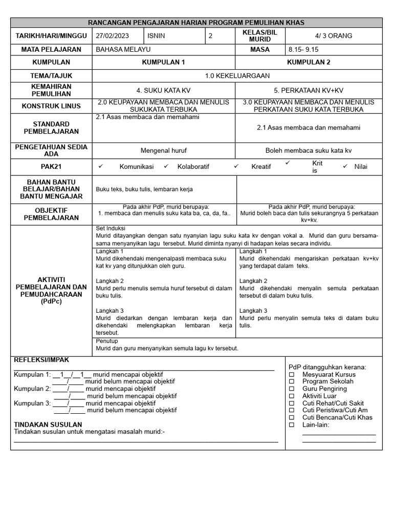 RPH Pemulihan Khas: Bahasa & Matematik | PDF