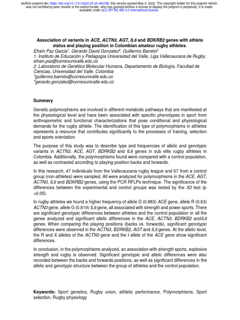 Association of Variants in ACE, ACTN3, AGT, IL6 and BDKRB2 Genes With Athlete | PDF ...