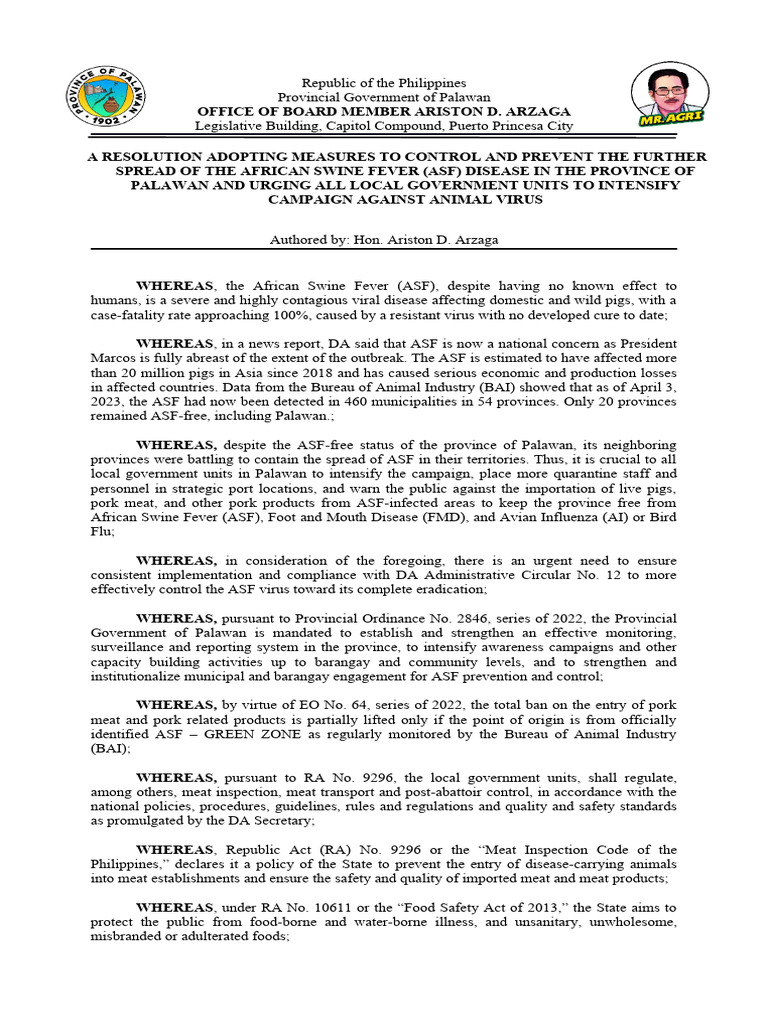 Palawan's ASF Prevention Resolution | PDF | Public Health | Microbiology