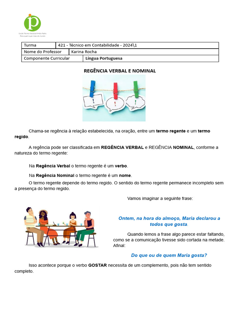Regência Verbal e Nominal: Resumo e Exemplos | PDF | Gramática ...