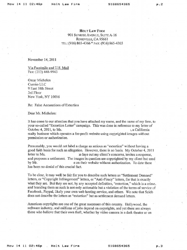 Peter T. Holt Letter To Oscar Michelen Regarding "Extortion" | PDF
