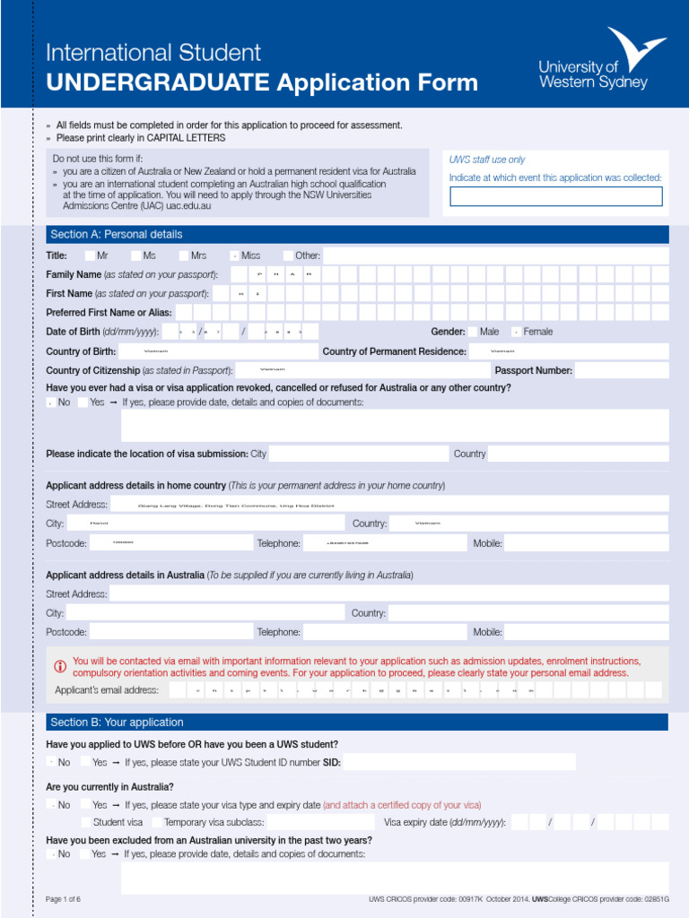 Western Sydney Application Form | PDF | International English Language ...