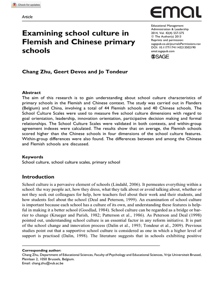 Zhu Et Al 2013 Examining School Culture in Flemish and Chinese Primary ...