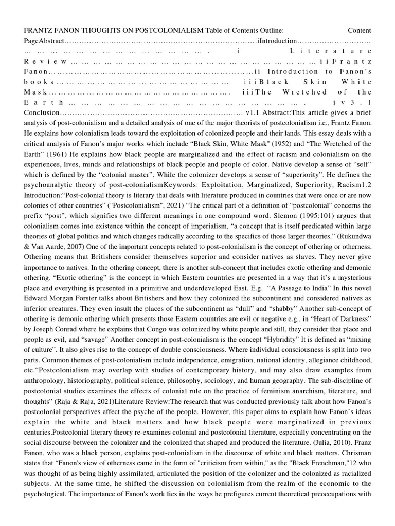 Frantz Fanon on Postcolonialism Theory | PDF | Frantz Fanon ...