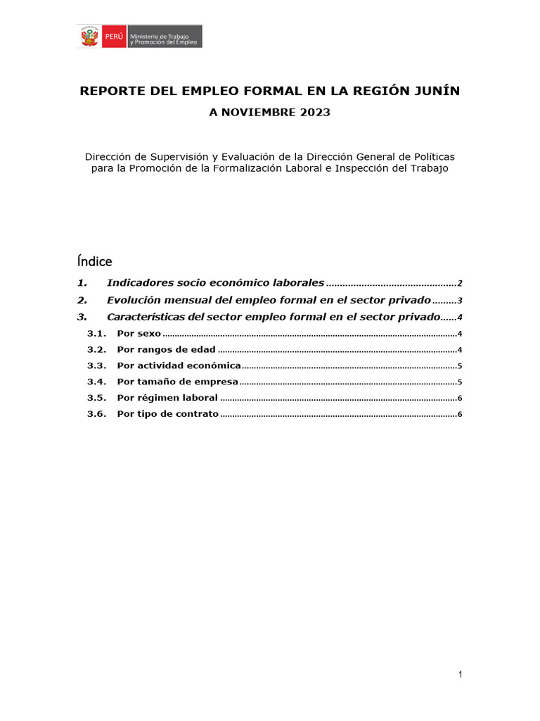 Reporte Del Empleo Formal en La Región Junín A Noviembre 2023 | PDF ...