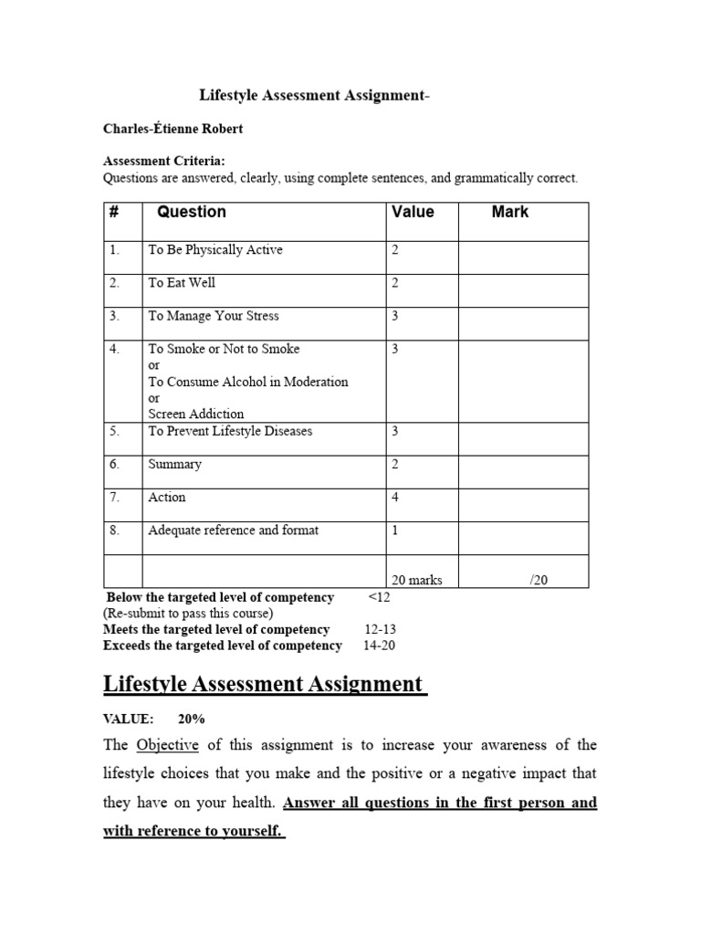 Lifestyle Assessment Assignment Charles-Étienne Robert | PDF | Medical ...