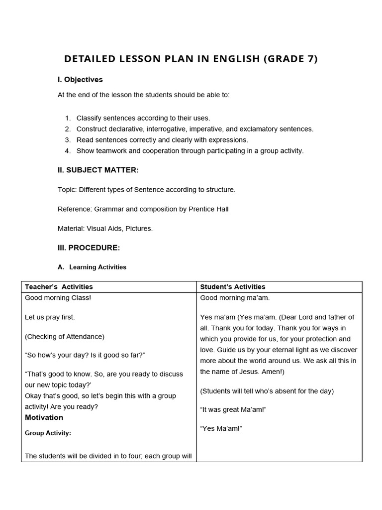 Grade 7 English Sentence Types Lesson Plan | PDF | Question | Sentence ...