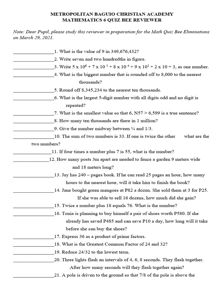 Grade 6 Math Quiz Bee Reviewer | PDF | Economies