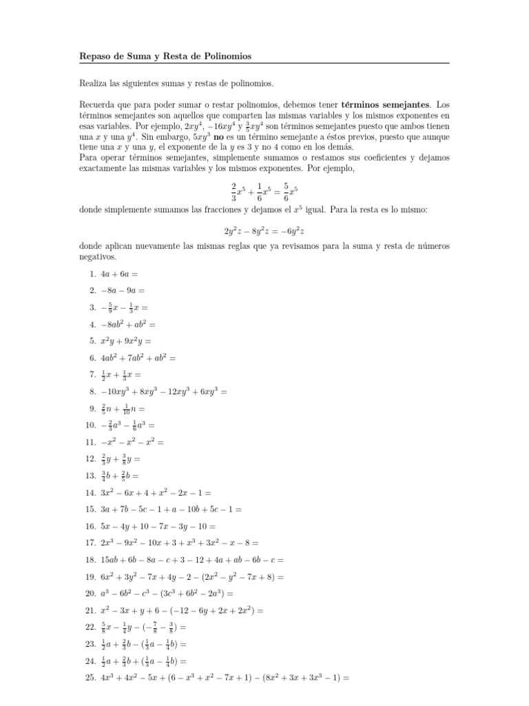 Hoja de Problemas 9 Suma y Resta de Polinomios | PDF