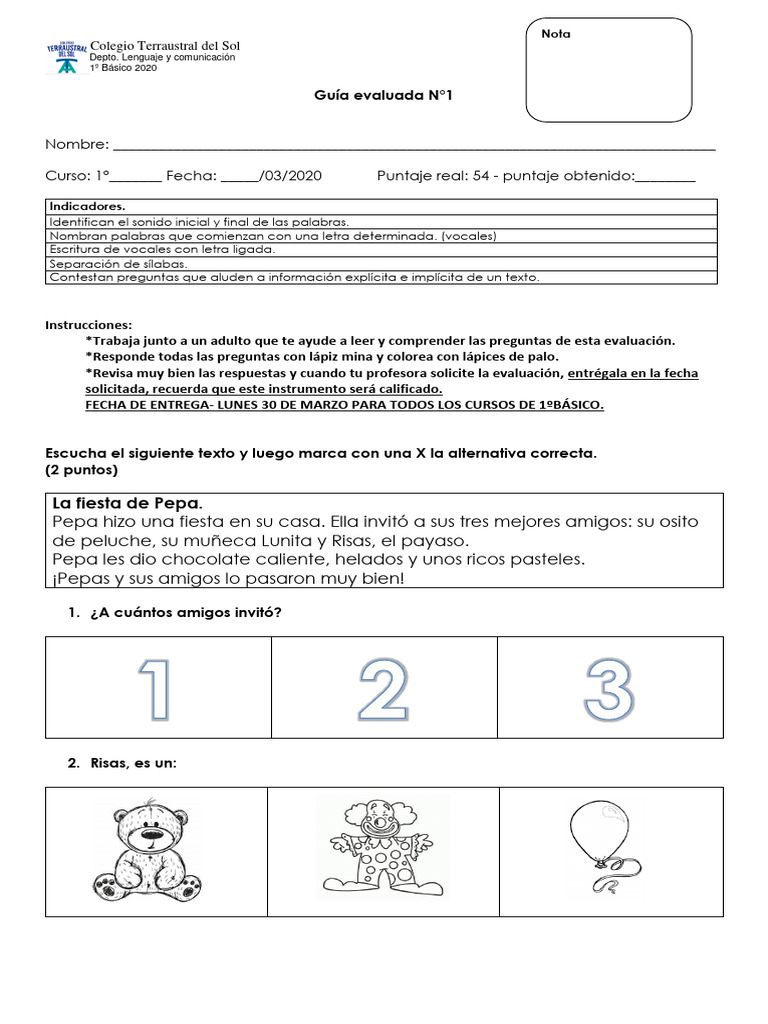 Guía Evaluada #1 VOCALES 1° Básico PDF | PDF