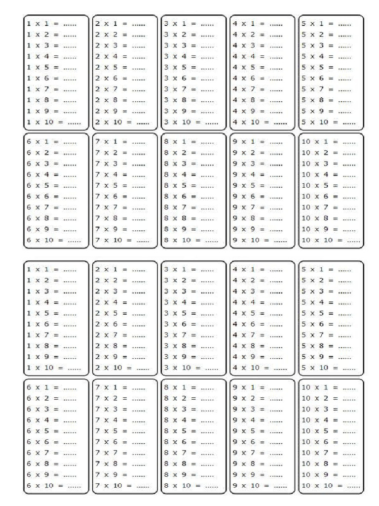 Tabuada para Imprimir e Preencher | PDF