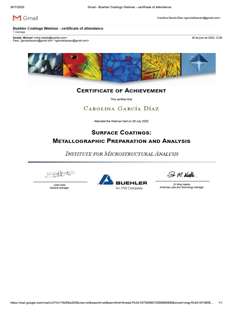 Buehler Coatings Webinar - Certificate of Attendance | PDF