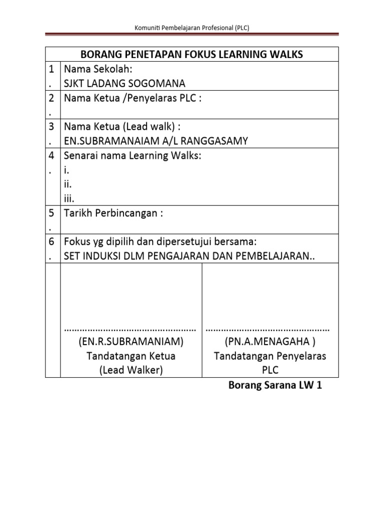 Borang Penetapan Fokus Learning Walks | PDF