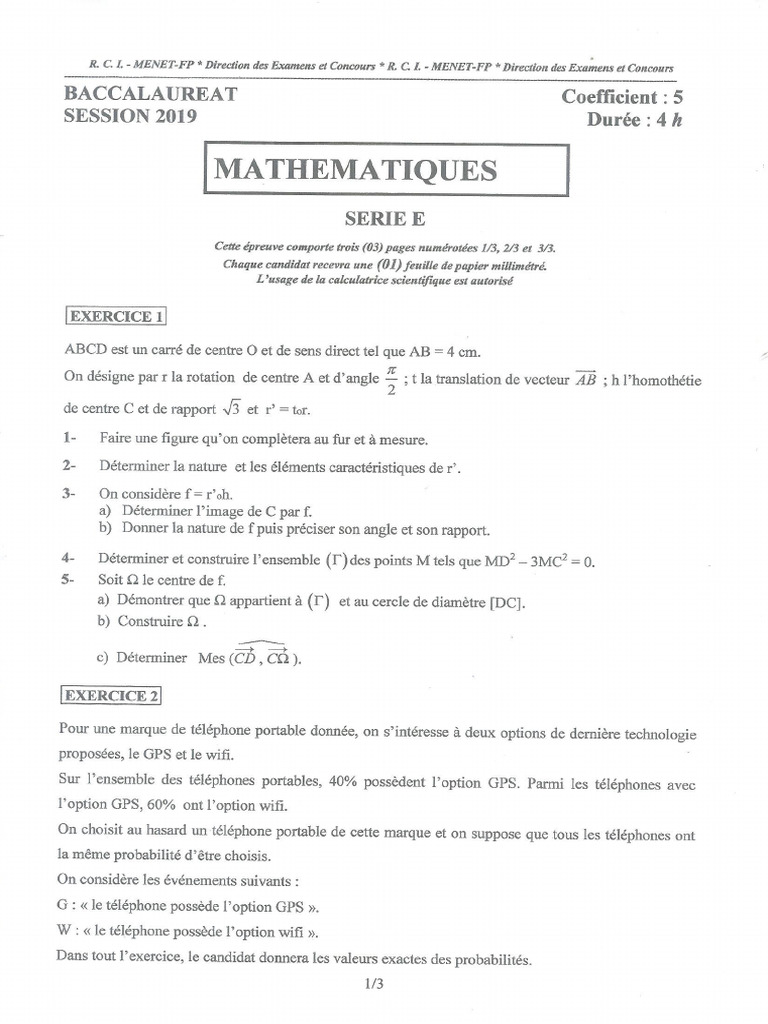 Bac 2019 Maths Serie E | PDF