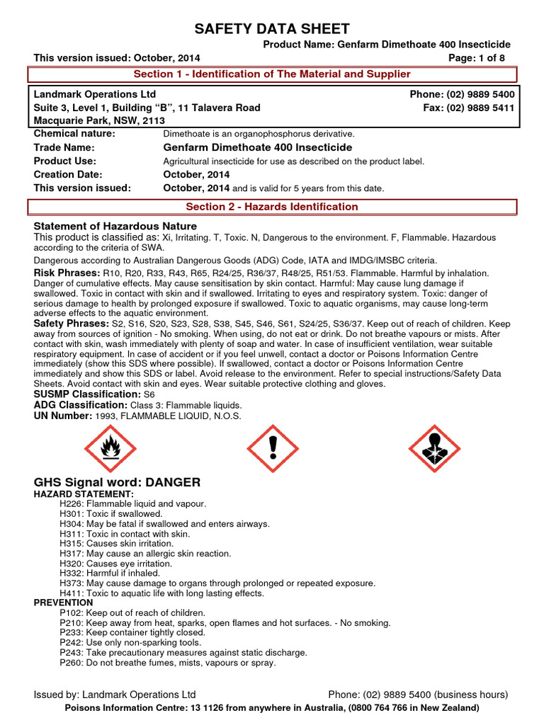 Genfarm Dimethoate 400 Insecticide SDS | PDF | Dangerous Goods | Toxicity