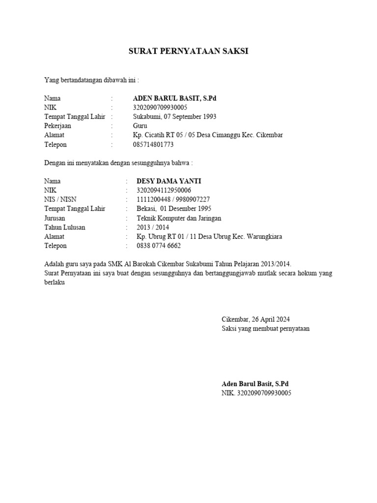 Surat Pernyataan Saksi | PDF
