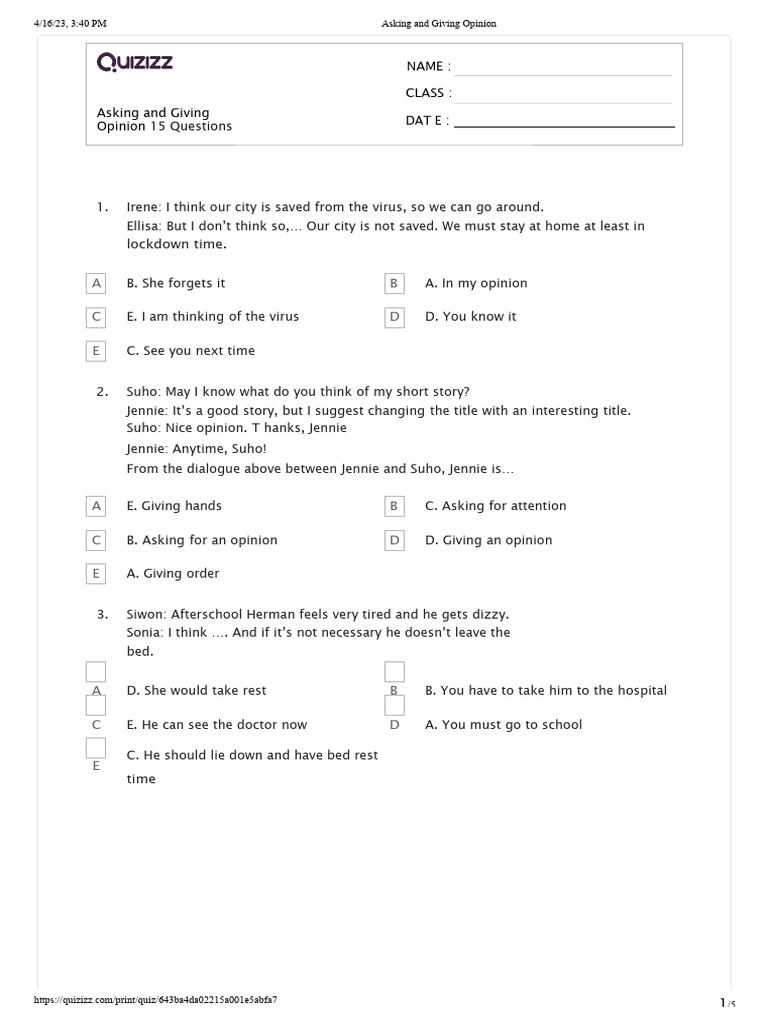 Asking and Giving Opinion Latihan | PDF