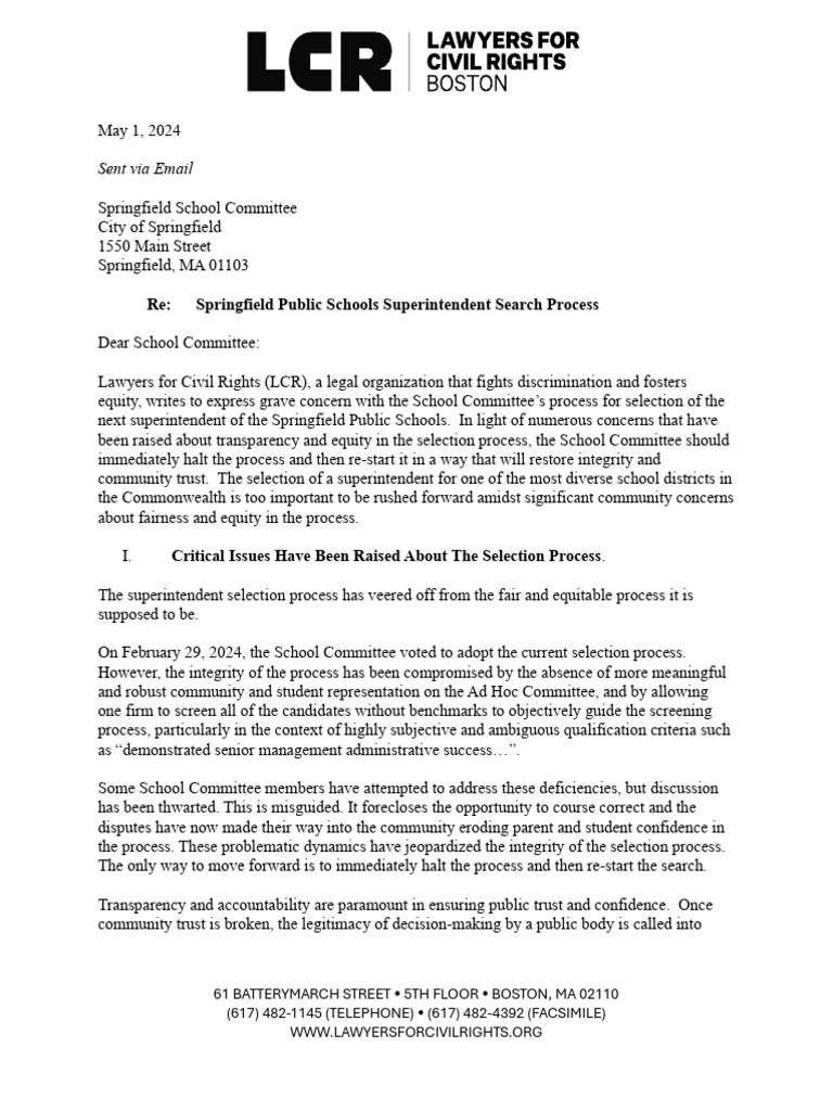 SPS Superintendent Search-LCR Advocacy Letter-May 1 2024 | PDF | Civil ...