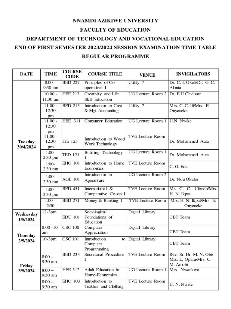 Tve First Semester 2023 2024 Exam Time Table | PDF