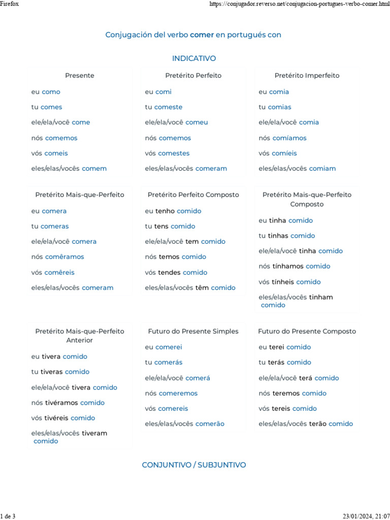 Conjugacion Portugues Verbo Comer - HTML | PDF | Conjugação gramática ...